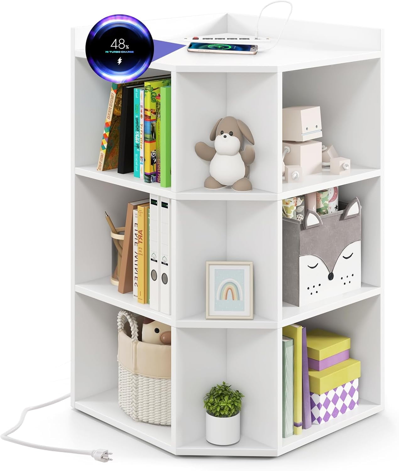 Corner Cabinet with Charging Station, Wooden Cubby Bookcase with USB ...