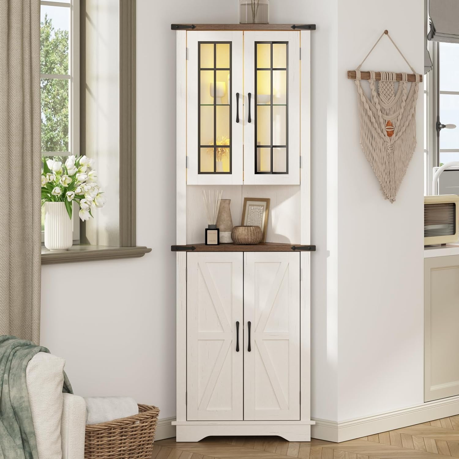 Corner Cabinet Farmhouse with LED Light, Corner Storage Cabinet with Doors for Living Room ...