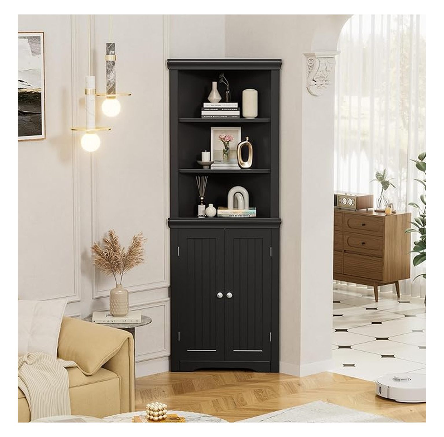 Corner Cabinet, Freestanding Corner Shelf with 2 Doors and 3 Shelves ...