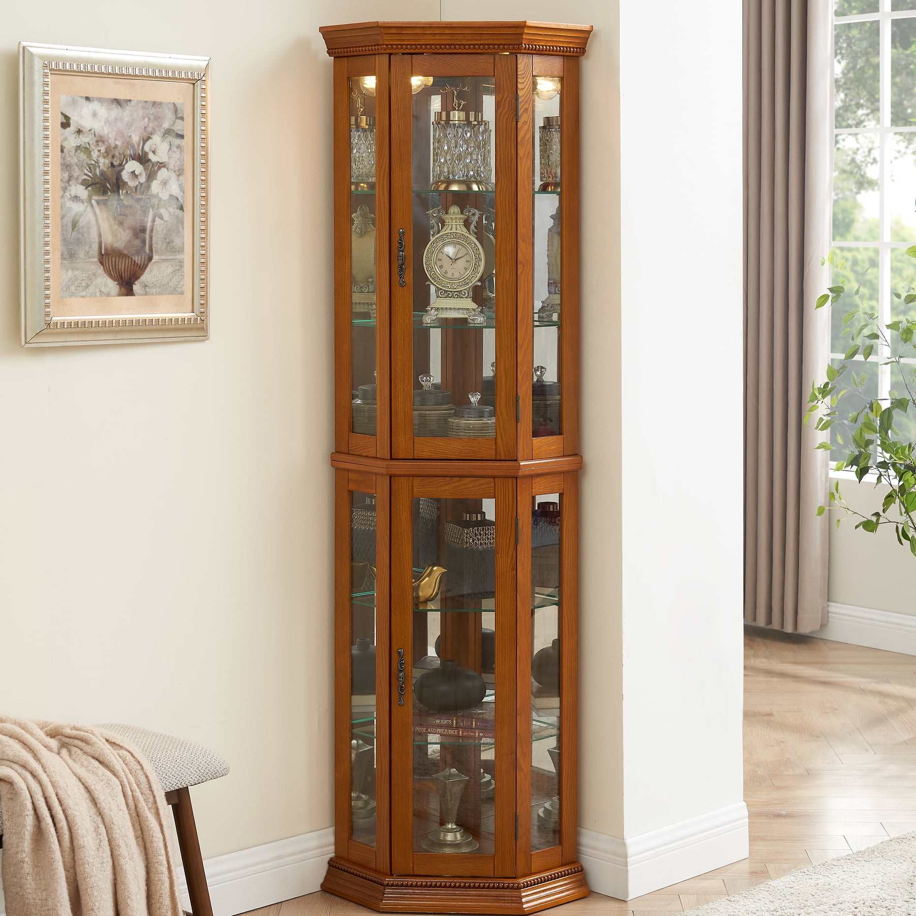 Corner Cabinet In Oak With Lighted Display And Reliable Shelving ...