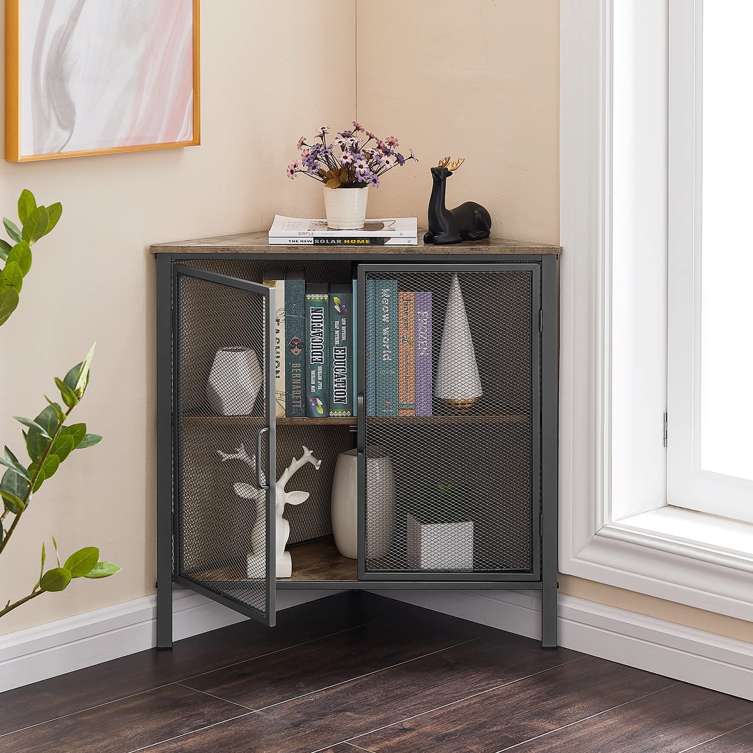 Corner Cabinet/Table, 3-Tier Display Shelves with Protection Door Metal ...