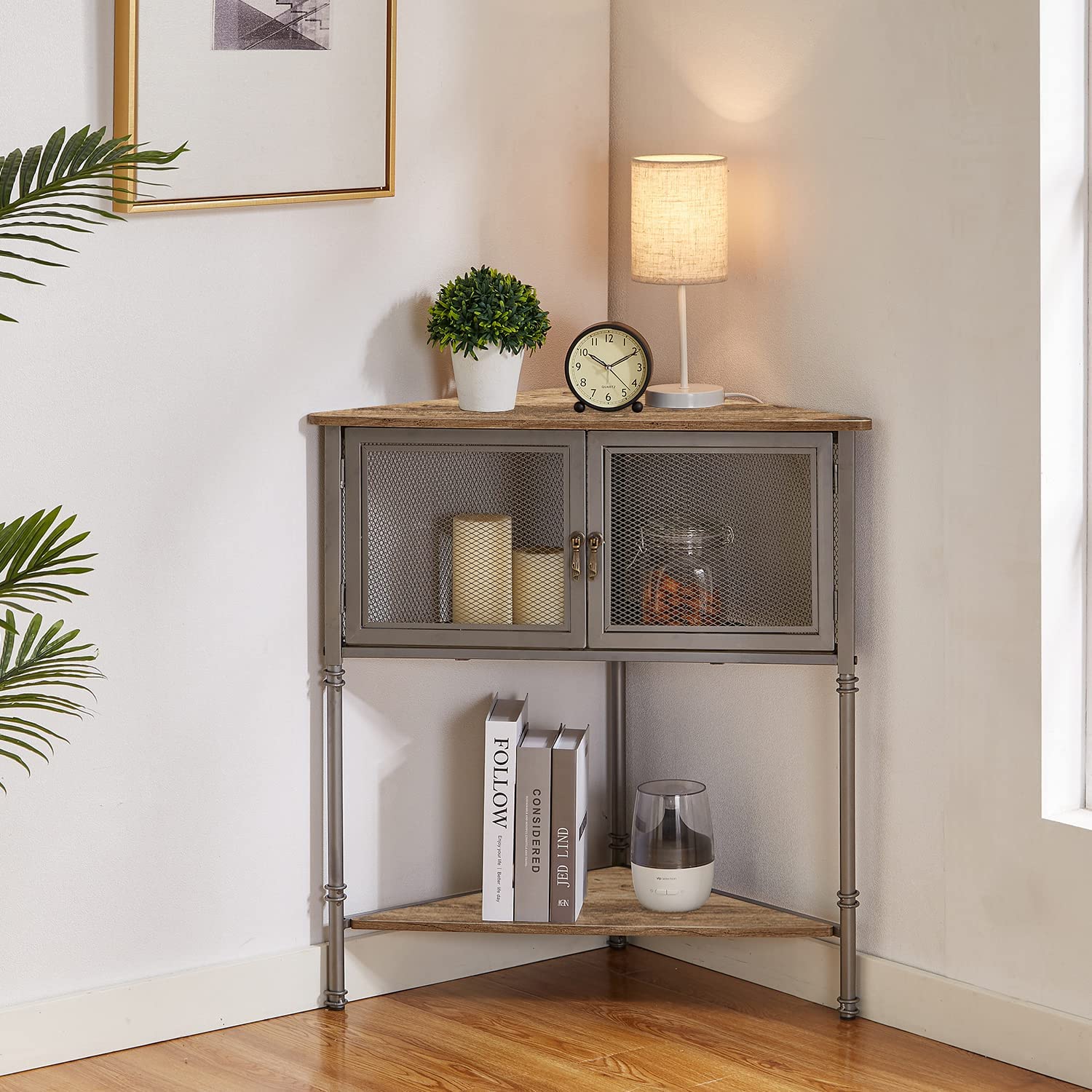 Corner Cabinet/Table, 3-Tier Display Shelves with Protection Door ...