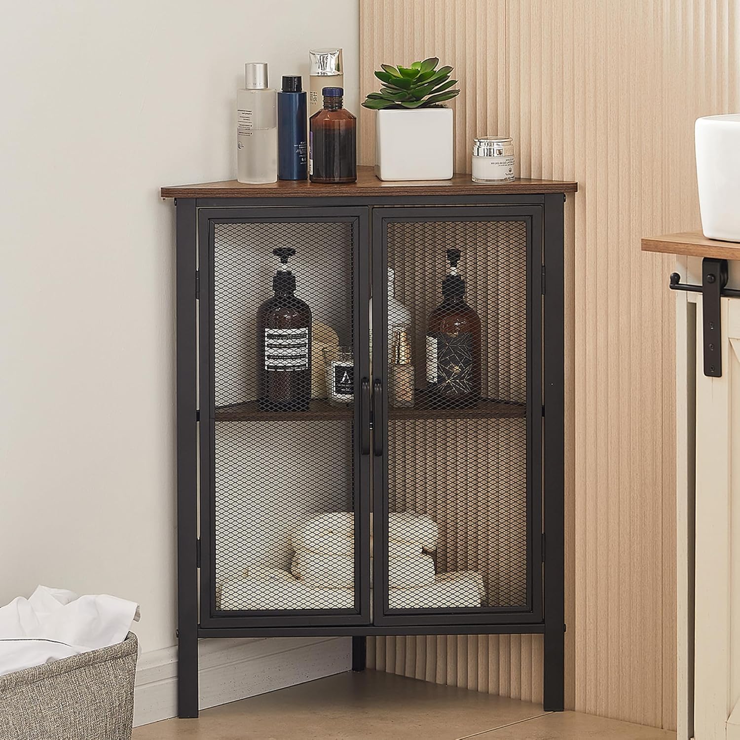 Cabinet/Table, 3-Tier Display Shelves with Protection Door, Metal Frame ...