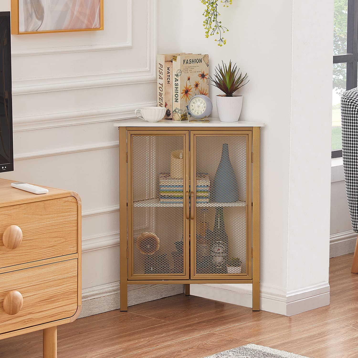 Corner Cabinet/Table, 3-Tier Shelves with Protection Door, Metal Frame ...