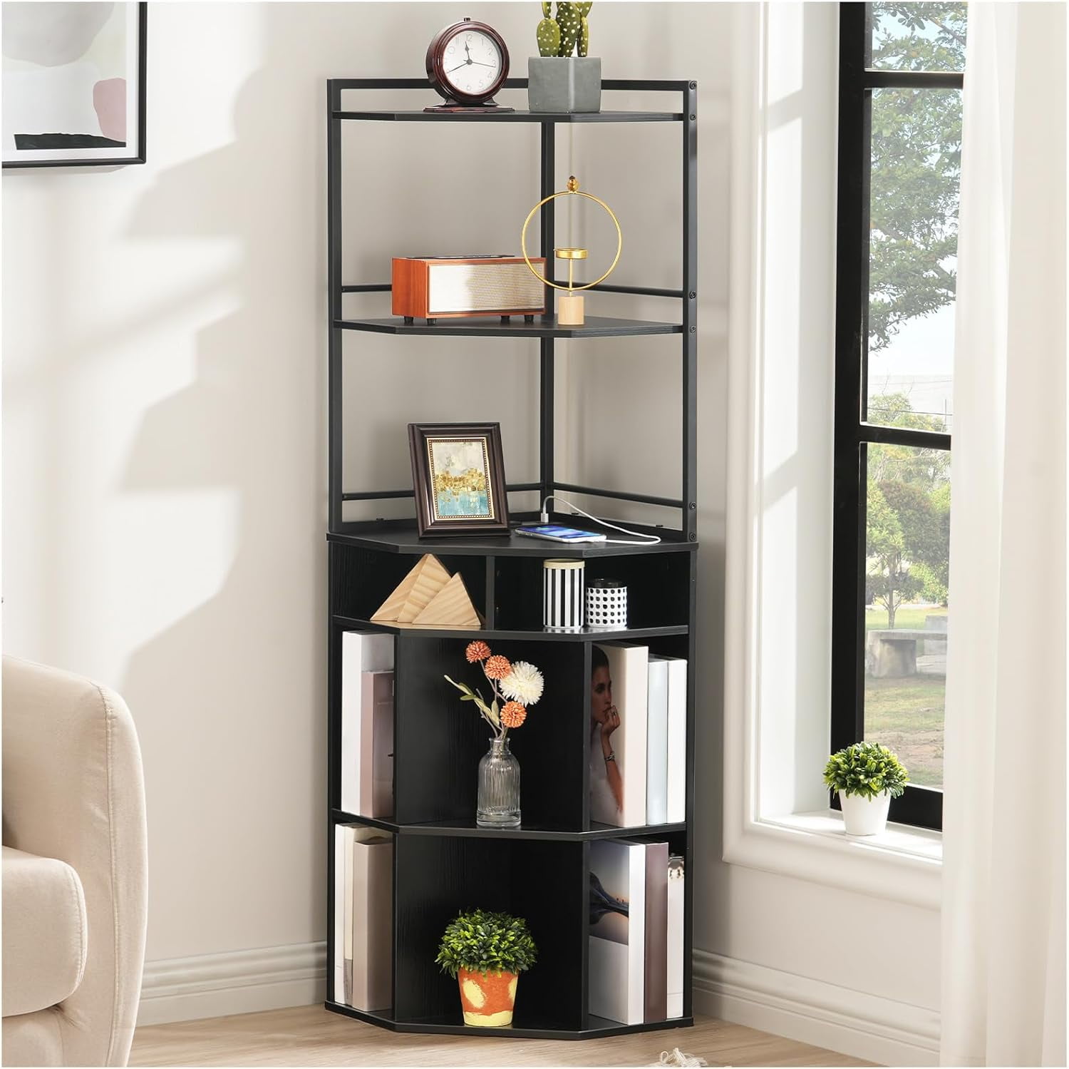 Corner Cabinet with USB Ports and Outlets, Corner Storage Cabinet with ...