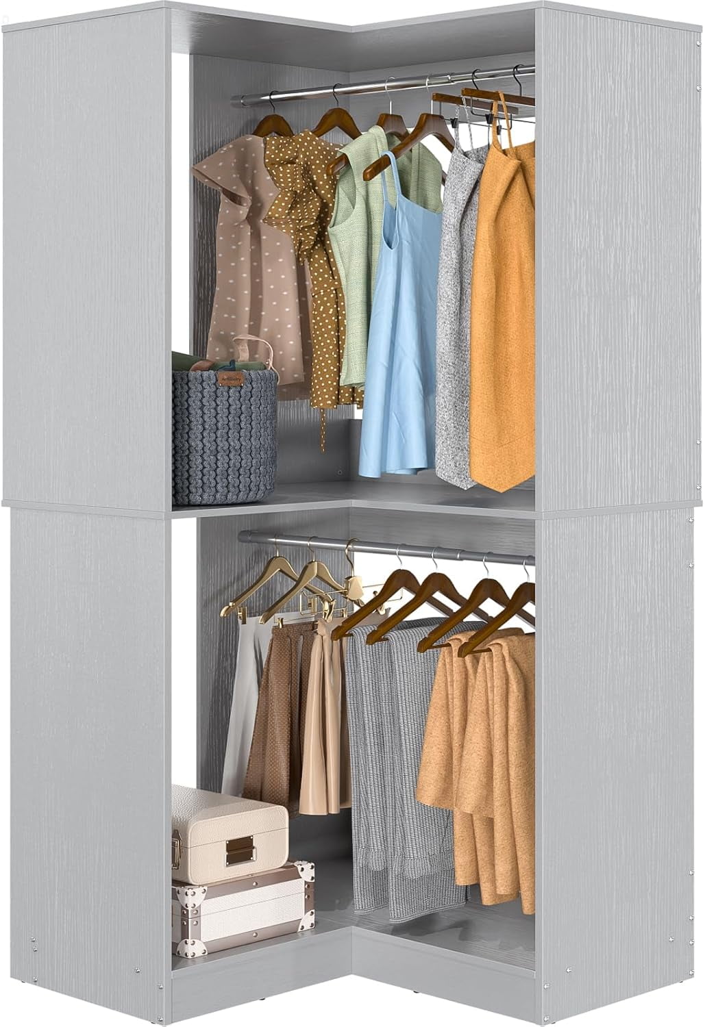 Corner Closet System, 32 Inches Wide Wood Corner Unit with 2 Hanging ...