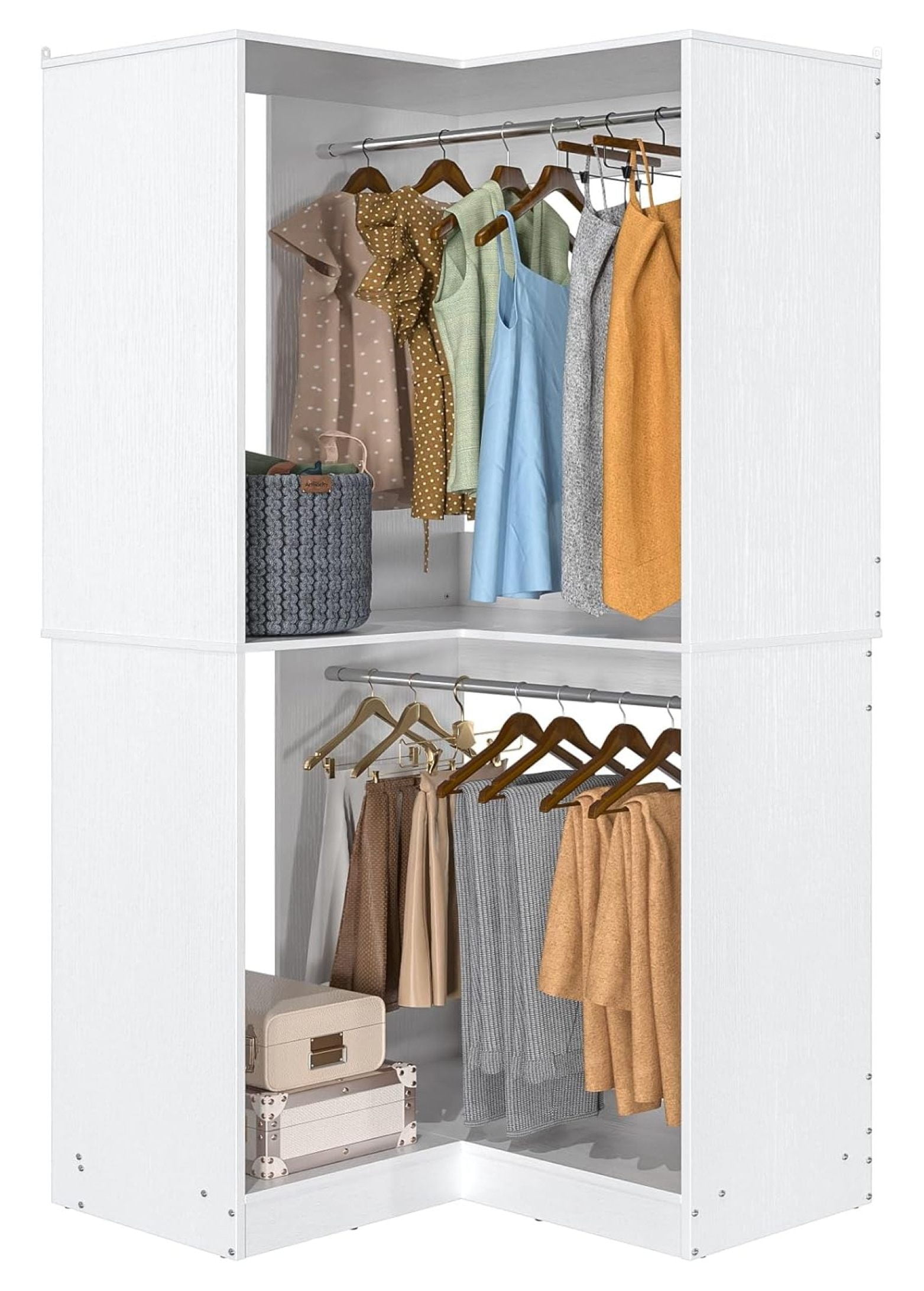 Corner Closet System, 32 Inches Wide Wood Corner Unit with 2 Hanging ...