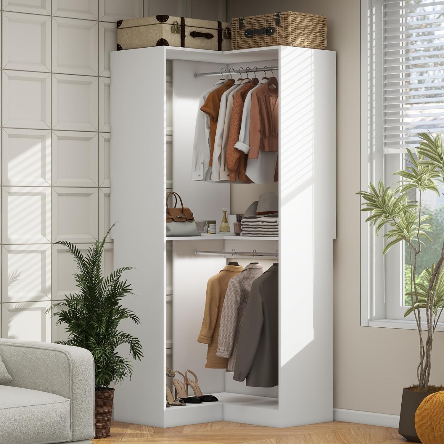 Corner Closet System, Corner Wardrobe Organizer with Extra Side Hanging ...