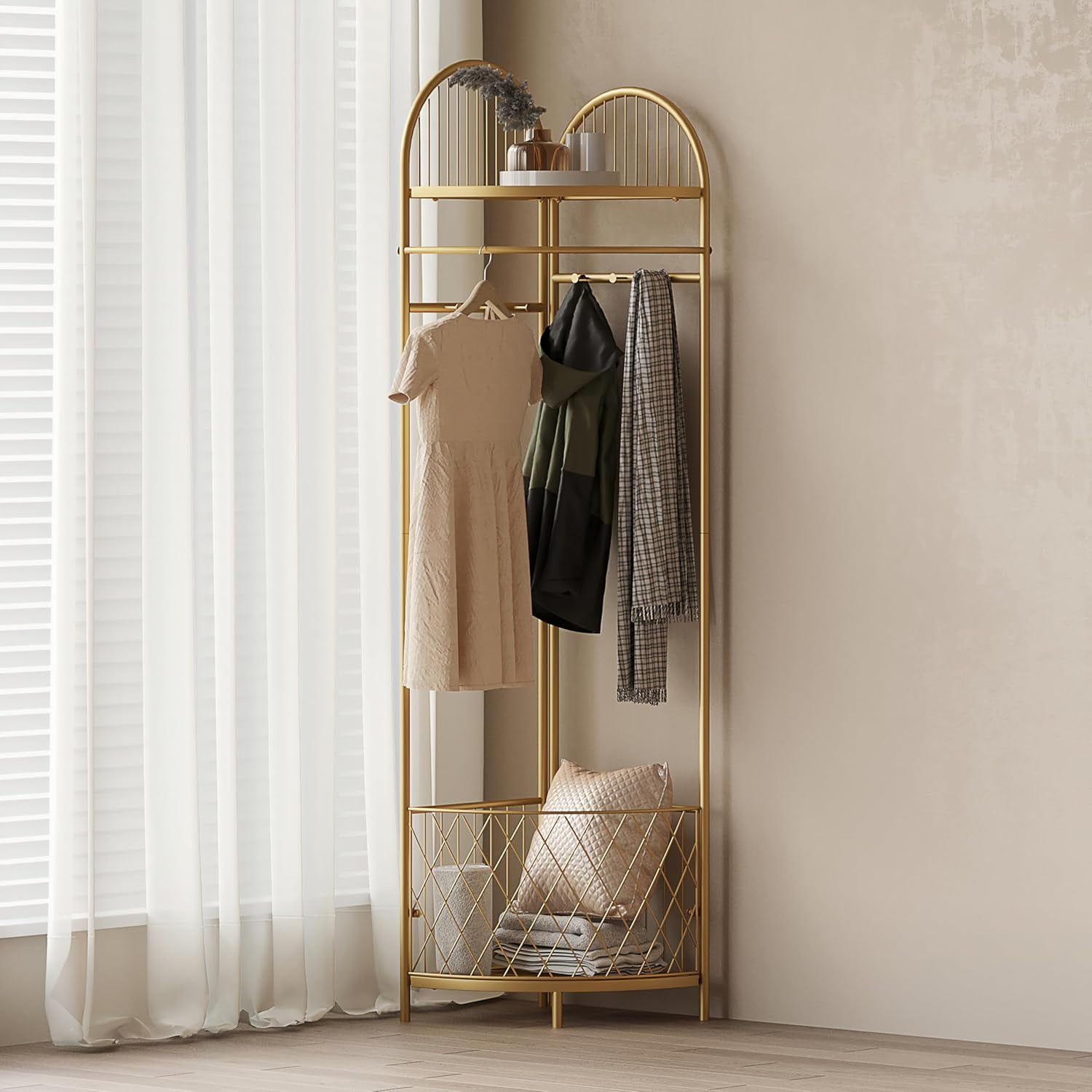 Corner Coat Rack Gold Clothes Rack with 6 Metal Movable Hooks and ...