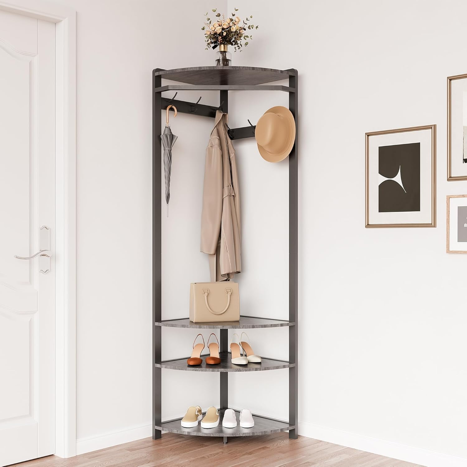 Corner Coat Rack with Shoe Bench, Entryway and 6 Double Hooks, Corner ...