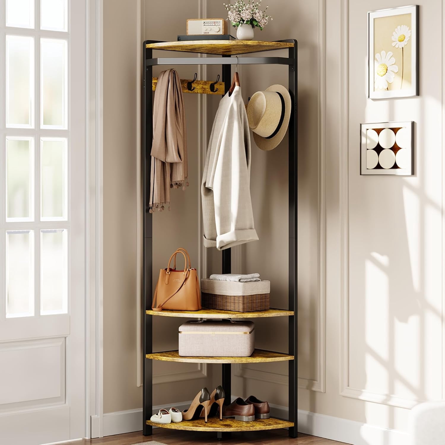 Corner Coat Rack with Shoe Bench Entryway and 6 Double Hooks Corner ...