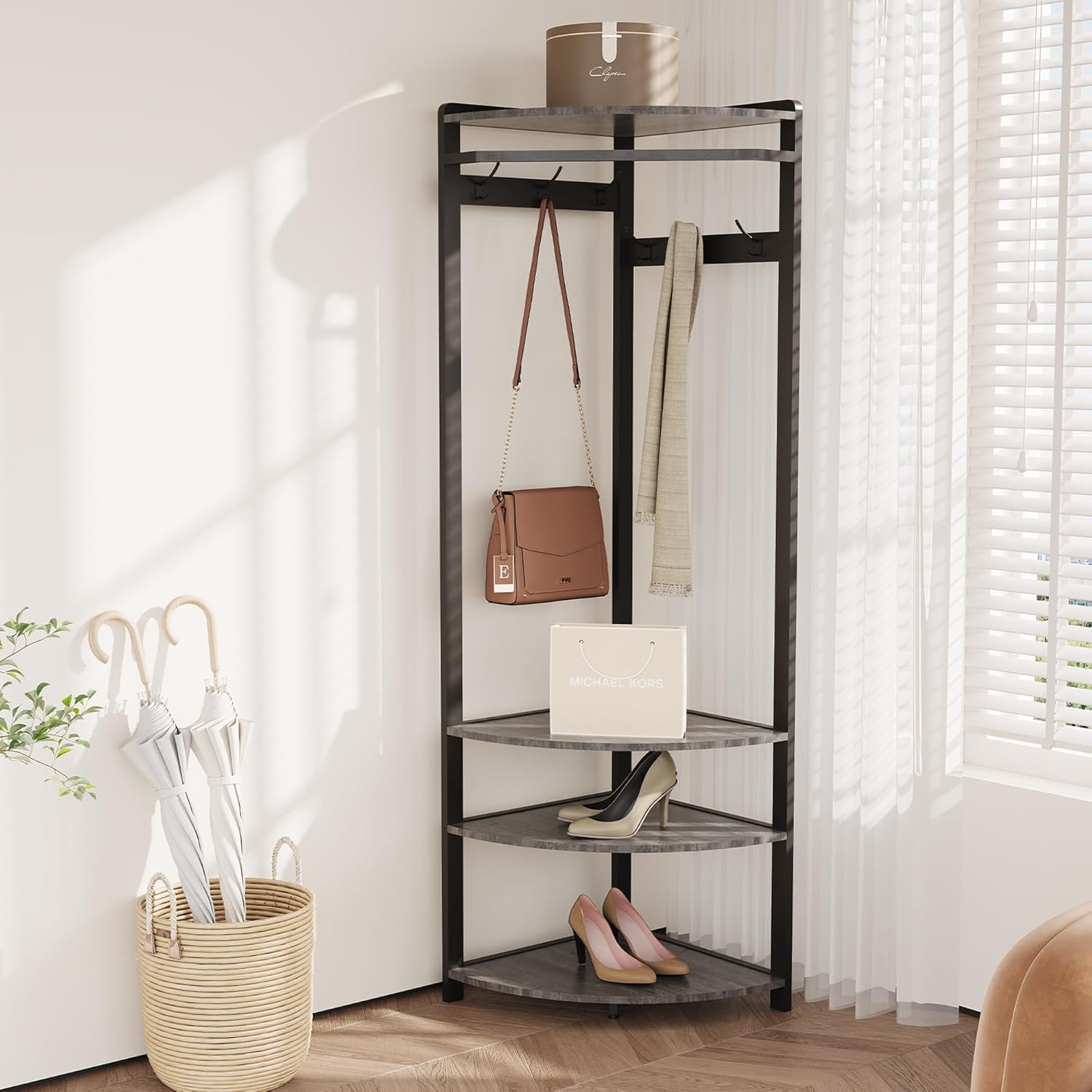 Corner Coat Rack with Shoe Bench Entryway, Corner Hall Tree with 6 ...