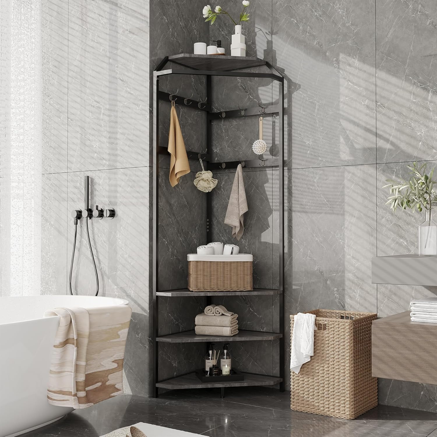 Corner Coat Rack with Shoe Bench Entryway, Home Corner Hall Tree with 6 ...