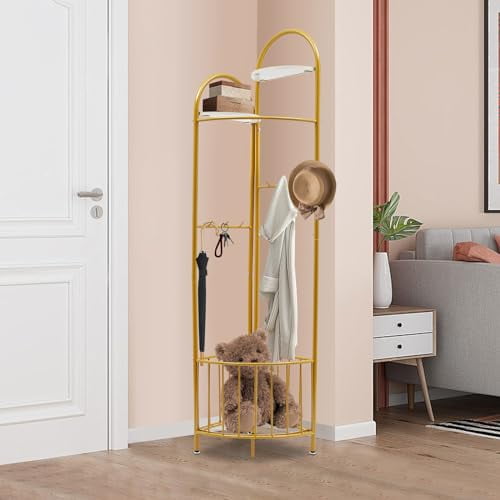 Corner Coat Rack with Storage Basket, Multifunctional Corner Clothing ...