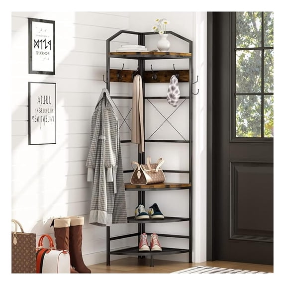 Corner Coat Rack with Storage, Entryway Hall Tree with and 8 Metal ...