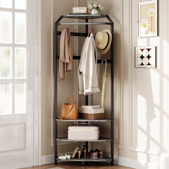 Corner Coat Rack with 3-Tier Shelves, Entryway Hall Tree with Hooks ...