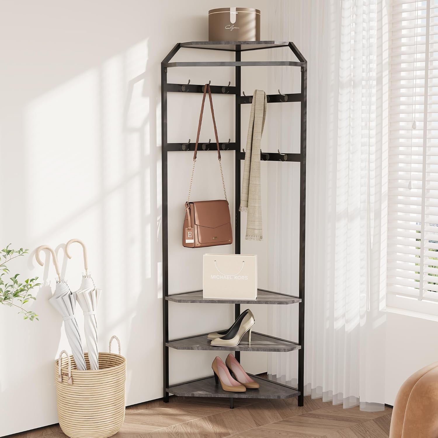 Corner Coat Rack with Shoe Bench Entryway Corner Hall Tree With 6 ...
