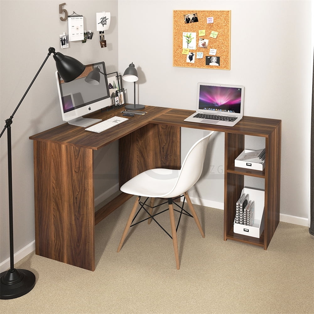 Corner Computer Desk with 2 Storage Shelves and Hutches, L-Shaped Home ...