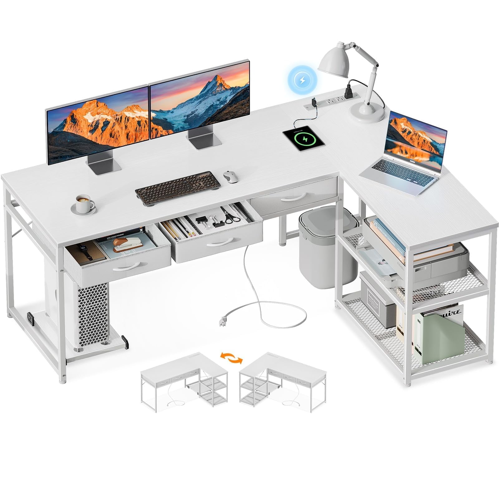 Corner Computer Desk 61 Inch L Shaped, Built-in Power Outlets & USB ...