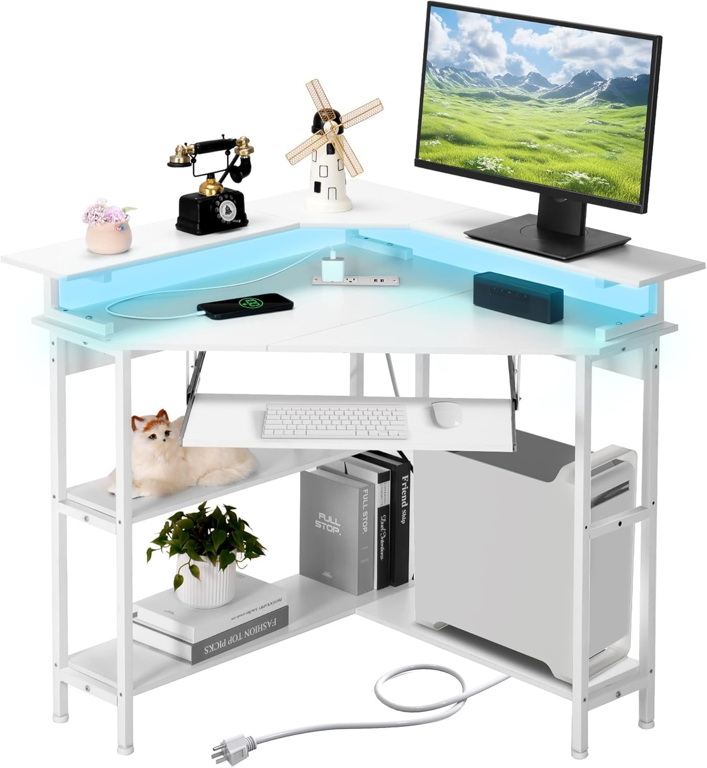 Corner Computer Desk with Charging Station, Triangle Corner Gaming Desk ...