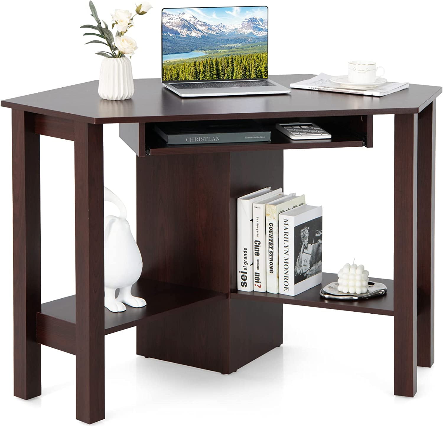 Corner Computer Desk with Keyboard Tray & Shelves, 48”(L) Space Saving ...