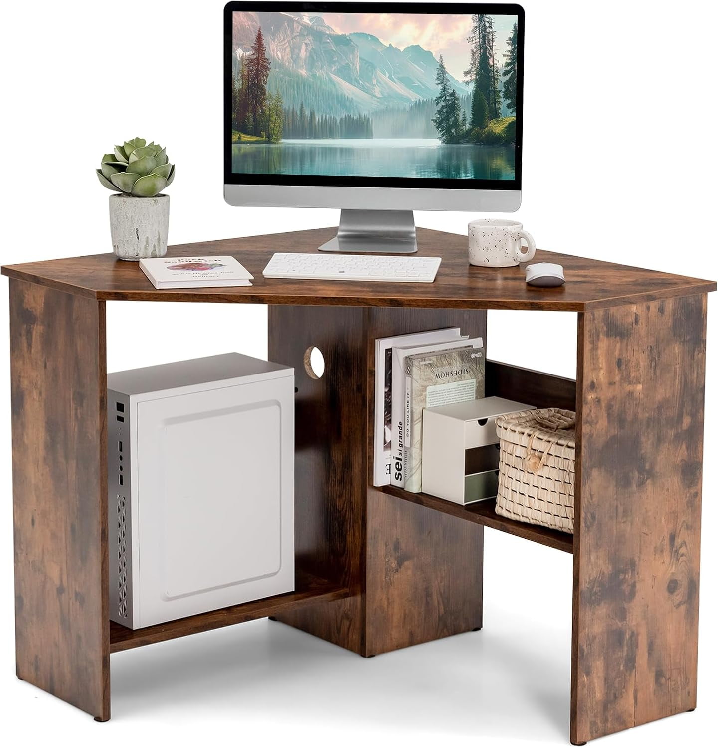 Corner Computer Desk Moccha, Space Saving Small Office Workstation for Home Office Bedroom Dorm ...