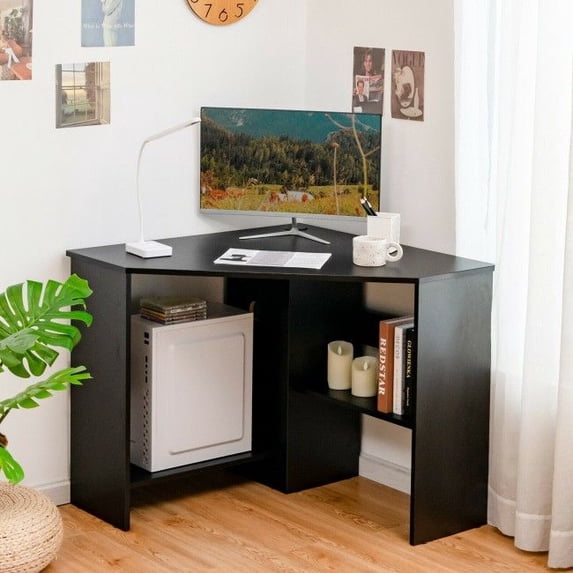 Corner Computer Desk Triangle Writing Workstation with Storage Shelf ...