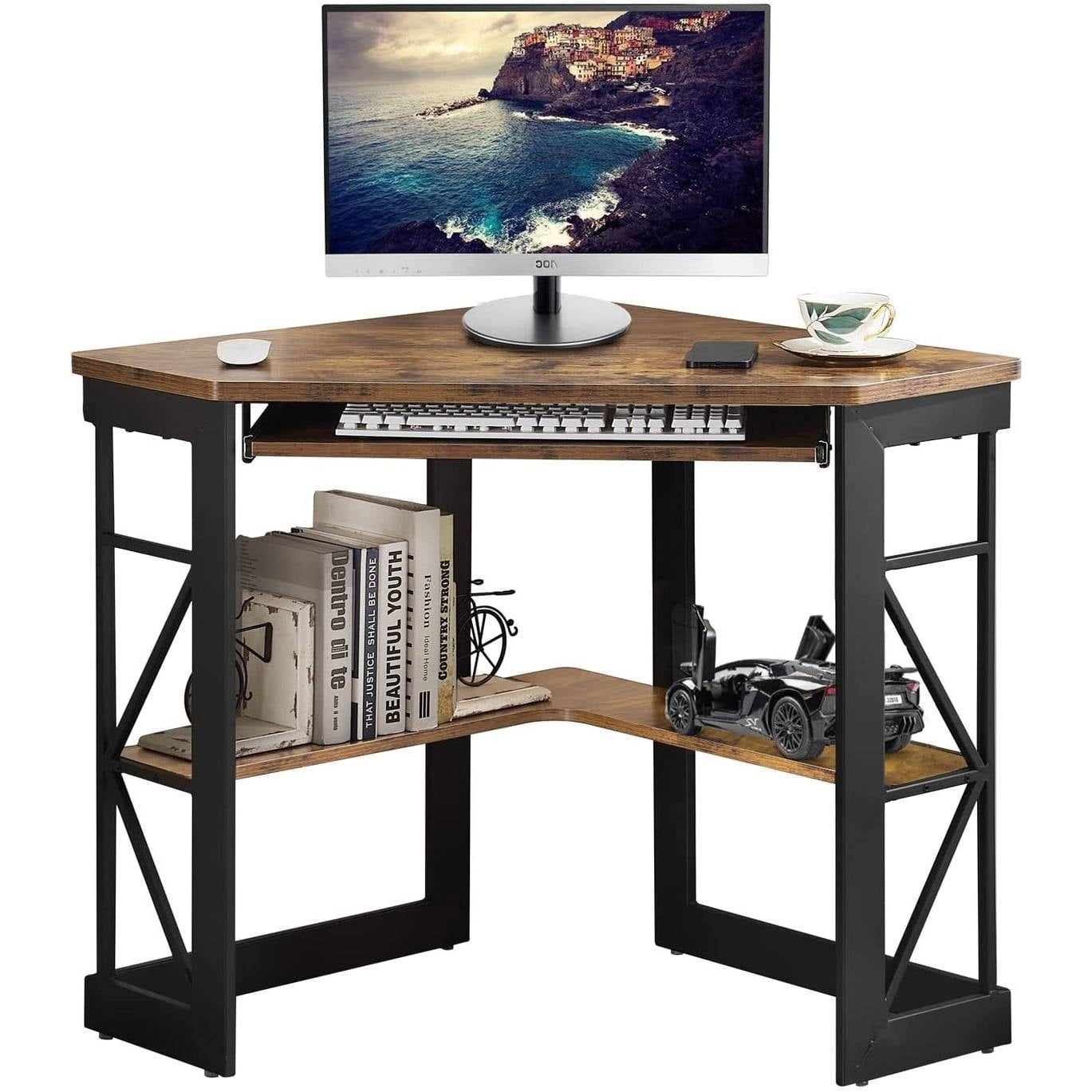 Corner Computer Desk with Keyboard Tray and Storage Shelves in Brown ...
