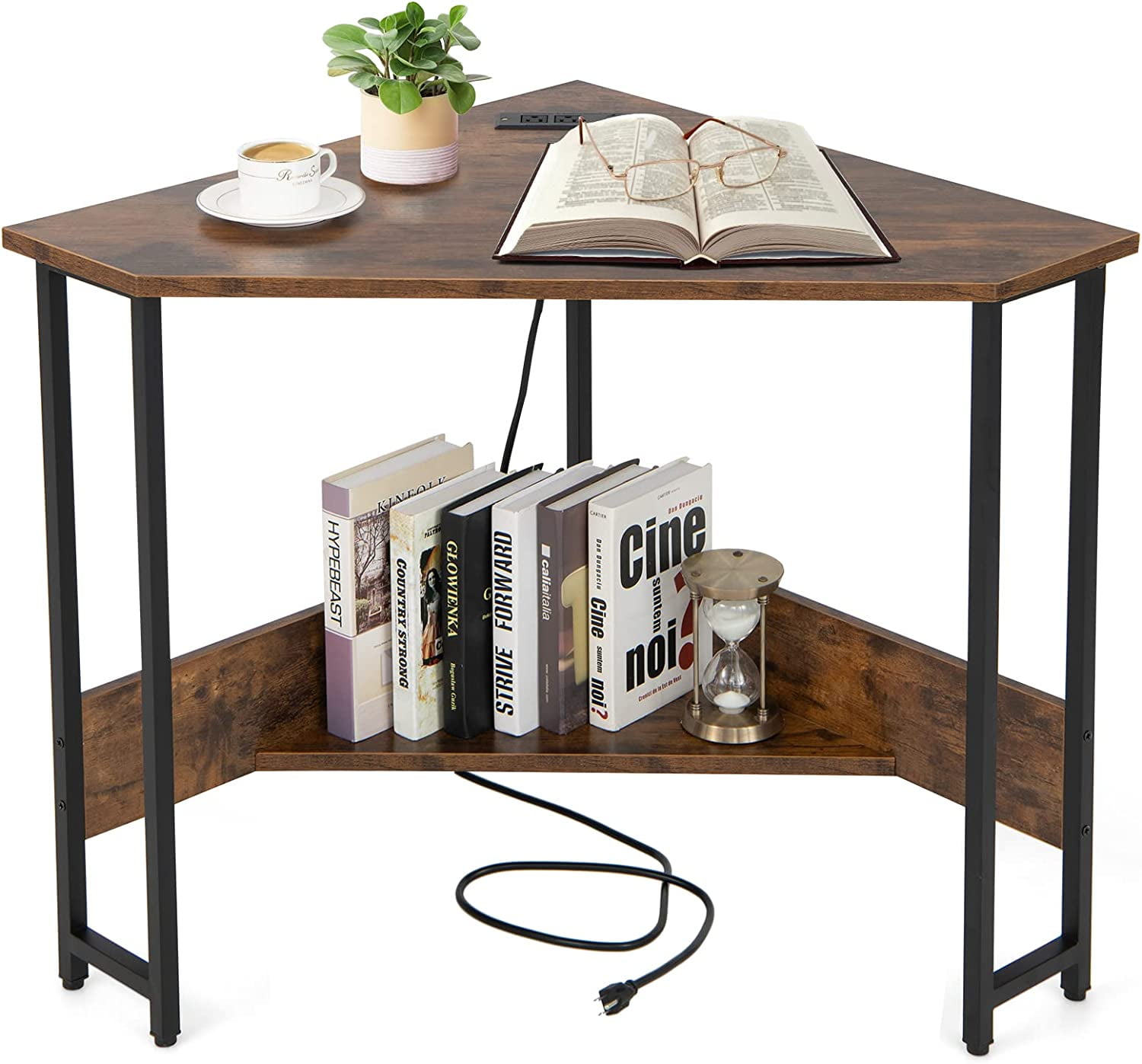 Corner Computer Desk with USB Ports, Power Outlet & Storage Shelf ...