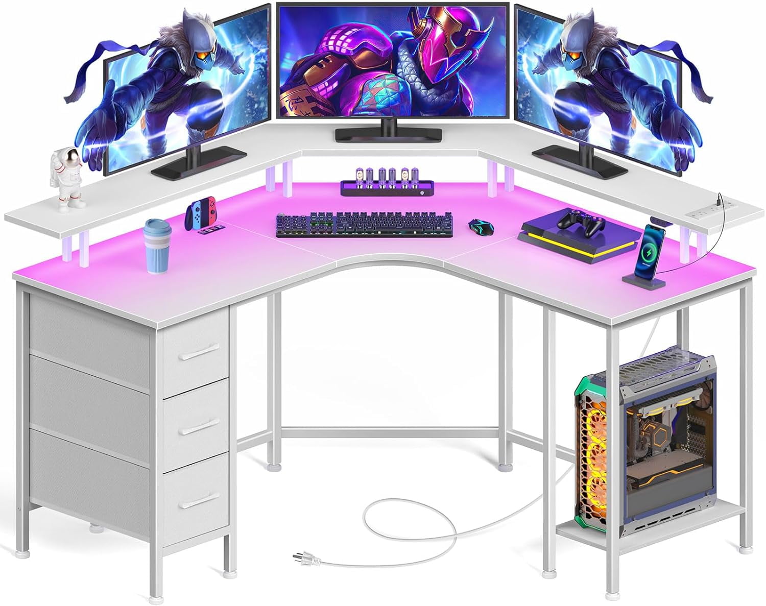 Corner Computer with Power Outlets & LED Lights 44.6" Small with 3 ...