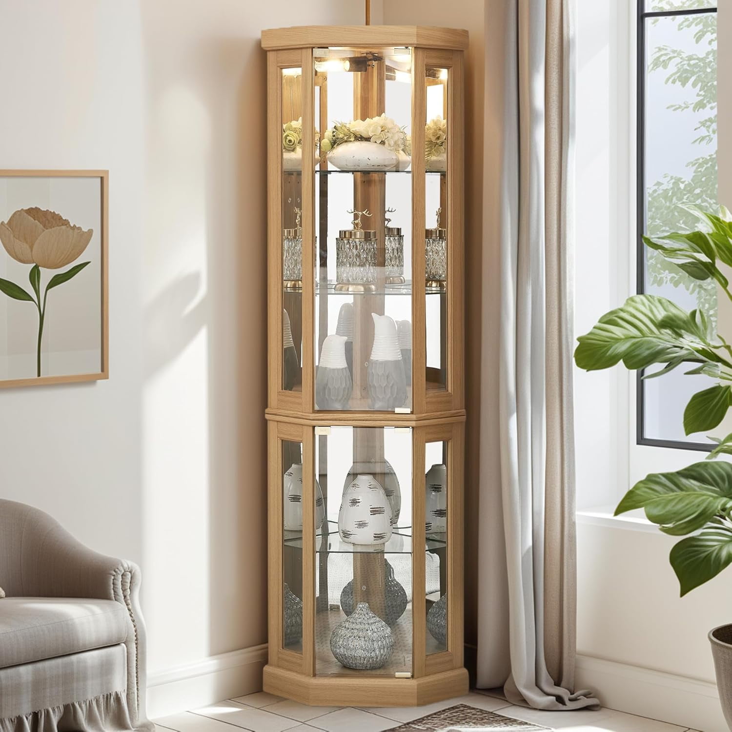 Corner Curio Cabinet, 70" H Lighted Glass Display Cabinet with ...