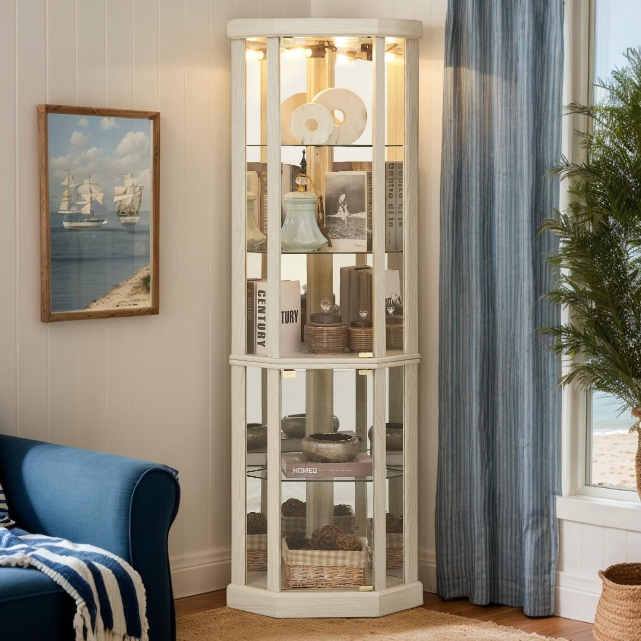 Corner Curio Cabinet, 70" H Lighted Glass Display Cabinet with ...