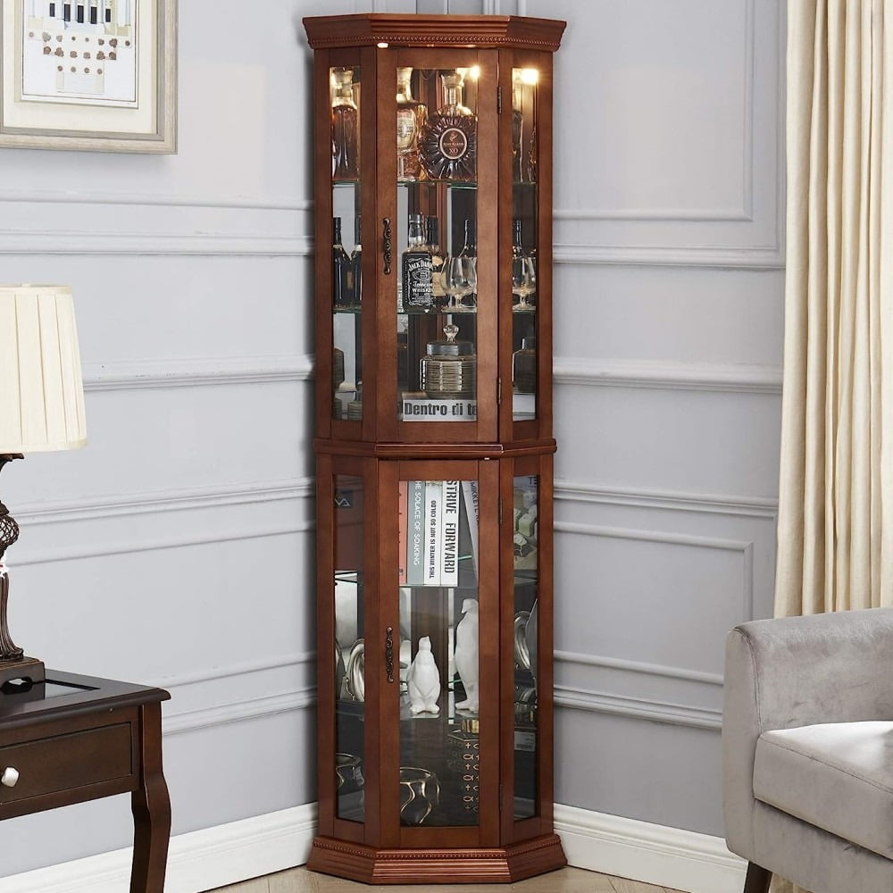 Walnut Corner Curio Cabinet with Glass Door, Lights, Adjustable Shelves ...
