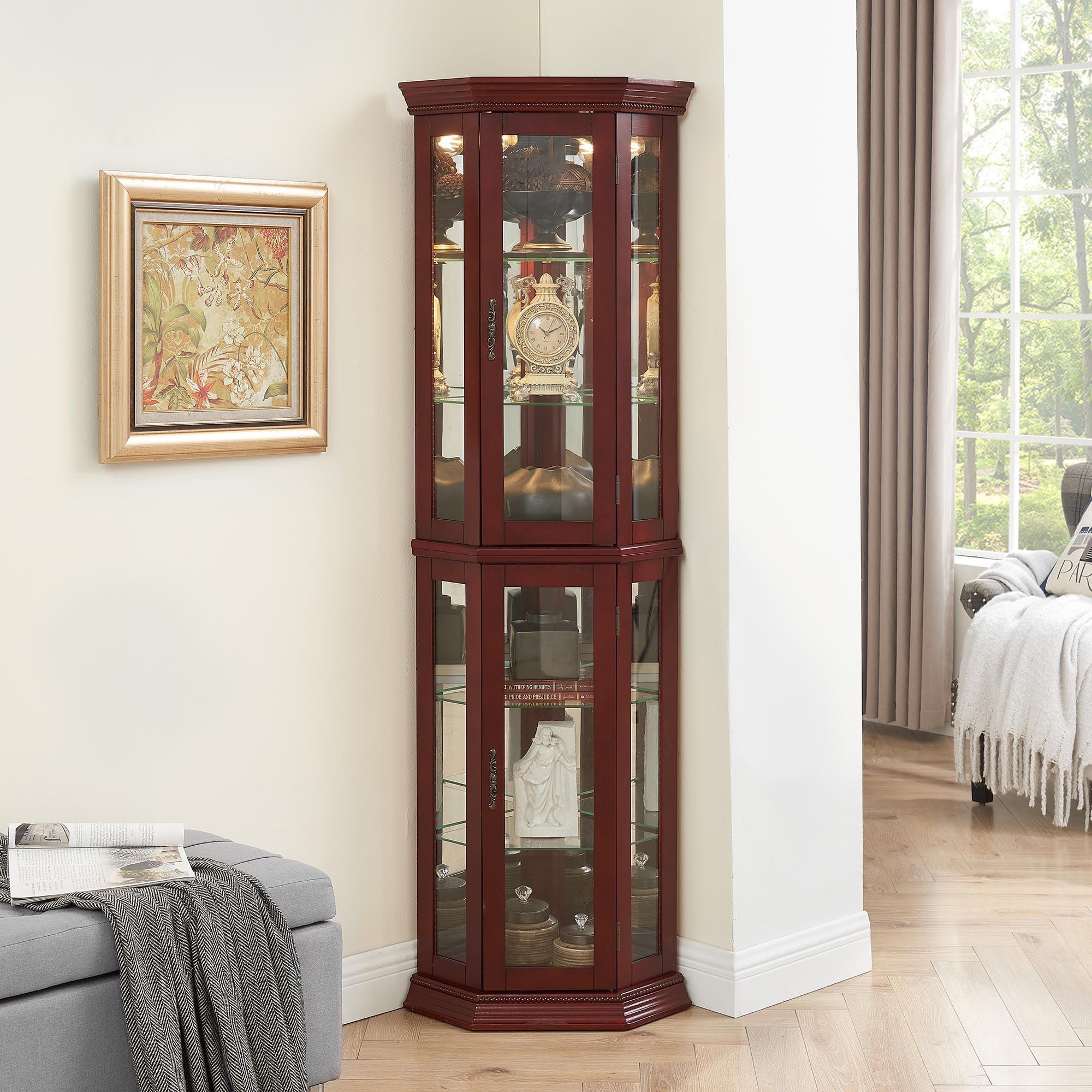 Corner Curio Cabinet with Lights Glass Display Adjustable Shelves ...