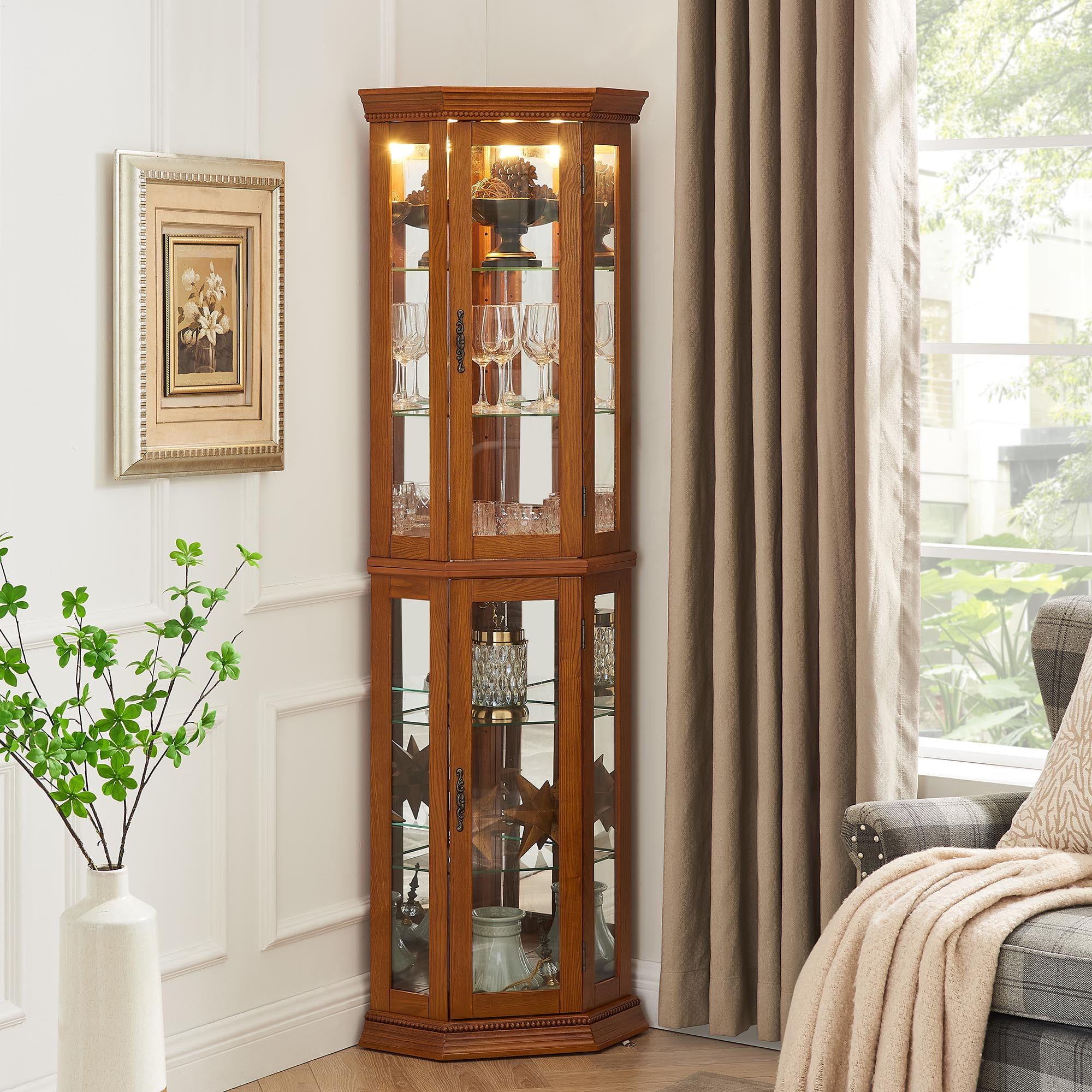 Corner Curio Cabinet with Lights Glass Display Adjustable Shelves ...