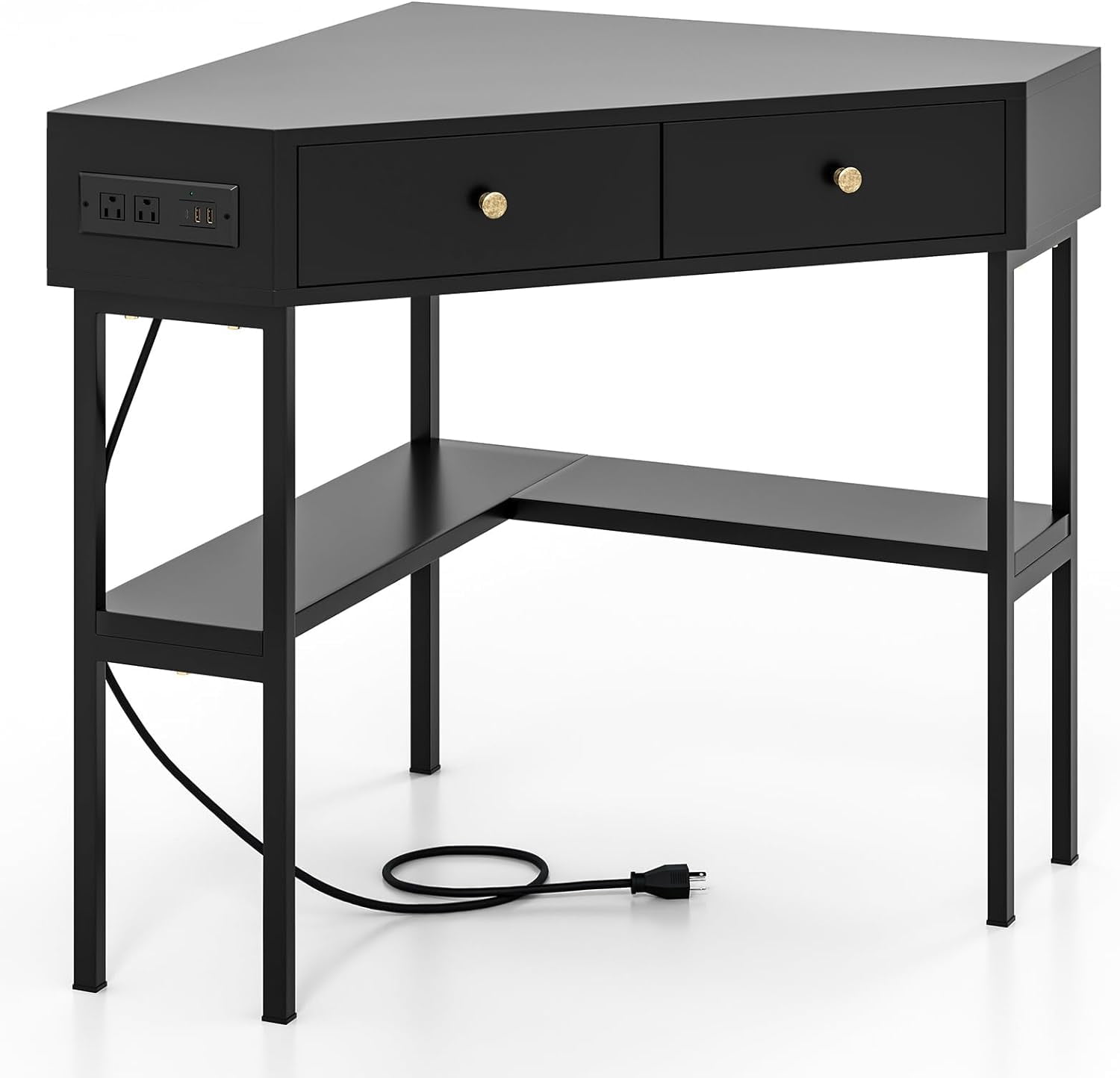 Corner Desk with Charging Station, 90° Triangle Desk w/ 2 Drawers ...