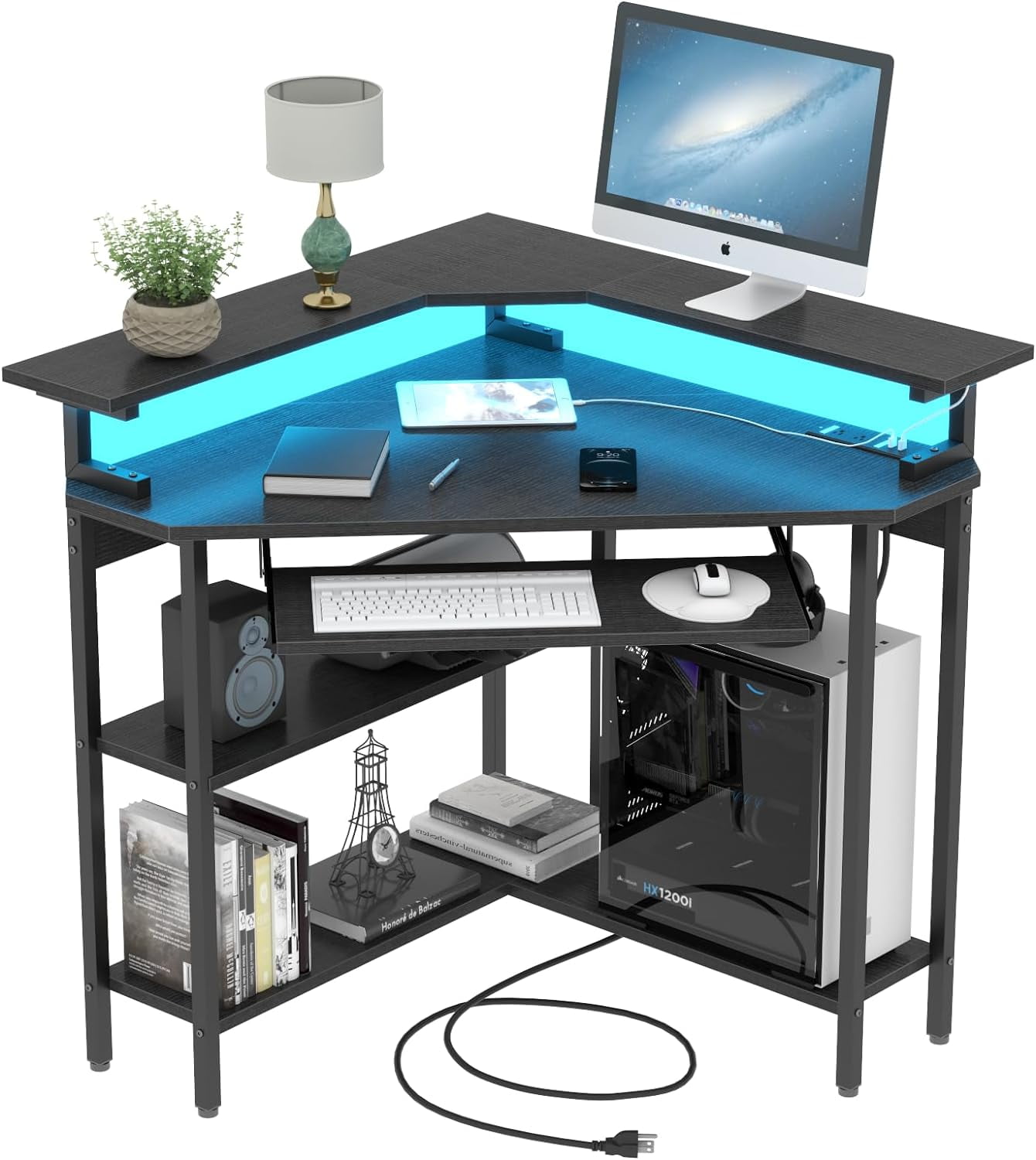 Corner Desk with Charging Station & LED Light, Triangle Corner Desk ...