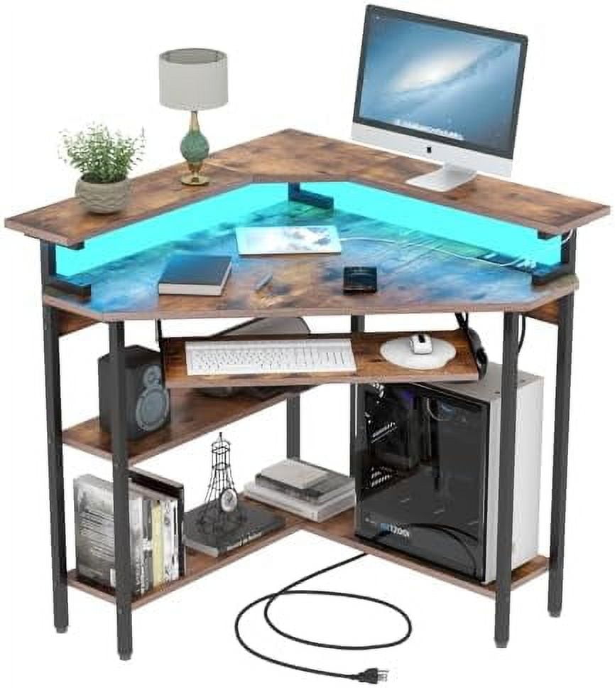 Corner Desk with Charging Station & LED Light, Triangle Corner Desk ...