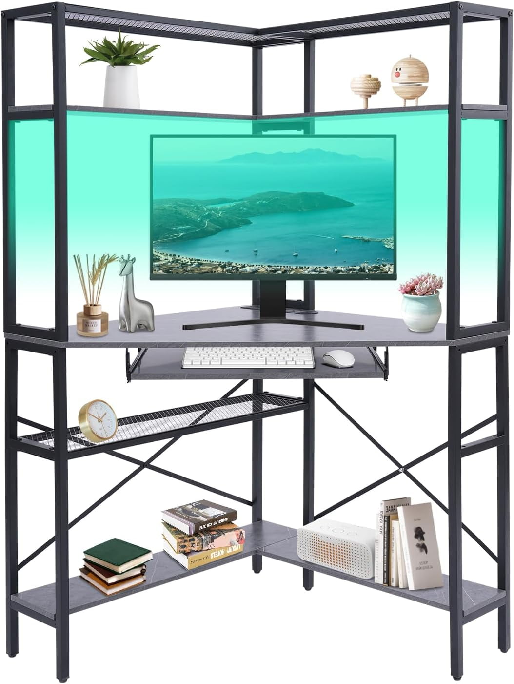 Corner Desk with Hutch,Corner Computer Desk with LED Lights & Power ...