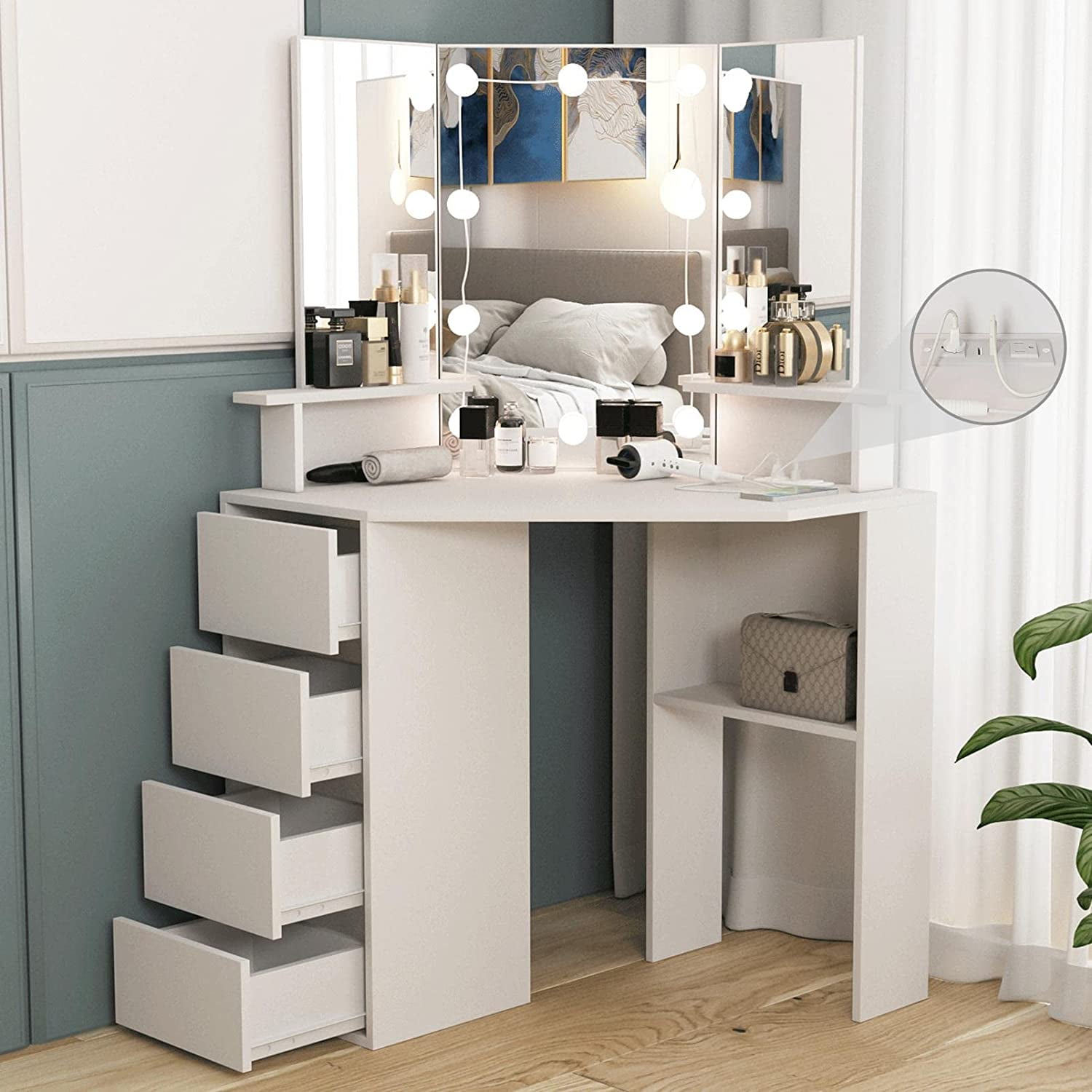 Corner Desk with Lighted Mirror & Power Strip,White Makeup Table, 42 inch Corner Vanity Mirror ...