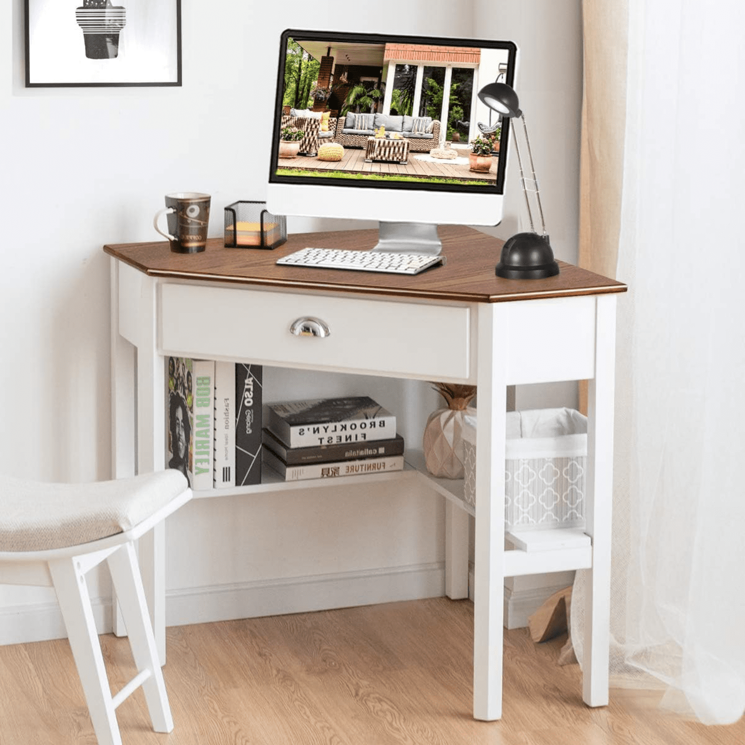 Corner Desk Triangle Desk with Drawers and Shelves Wood Corner Console ...