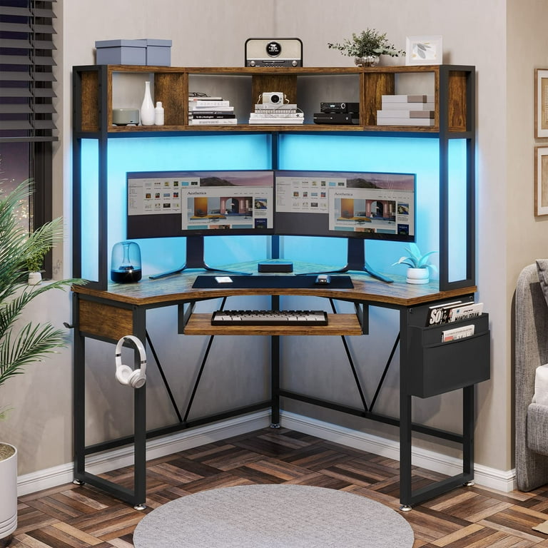 Corner Desk with Hutch and LED Lights Computer Desk with Keyboard Tray Storage Bag and Headphone Hook Rustic Brown