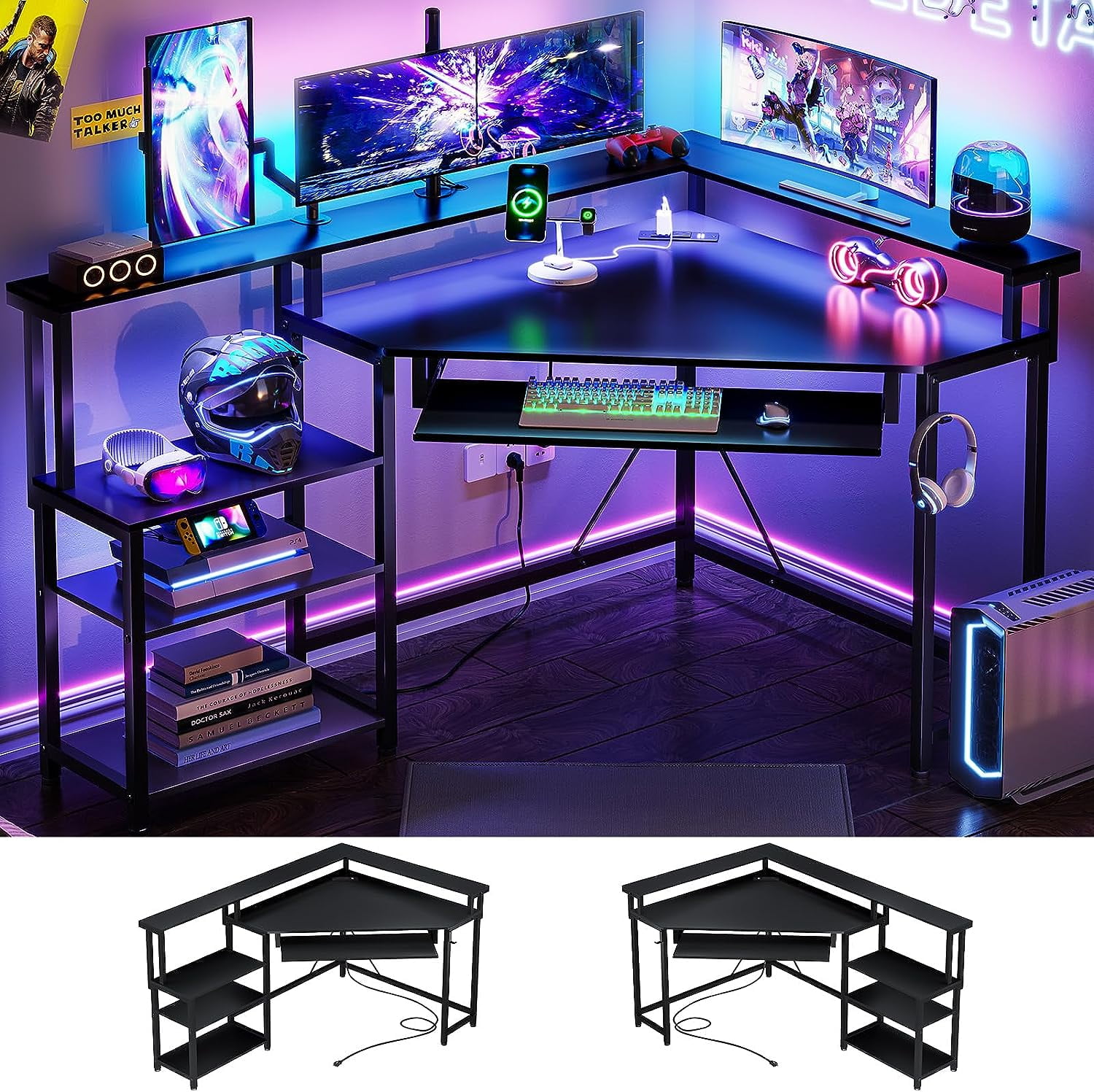 Black Corner Gaming Desk with Power Outlets, LED Lights, and Alloy ...