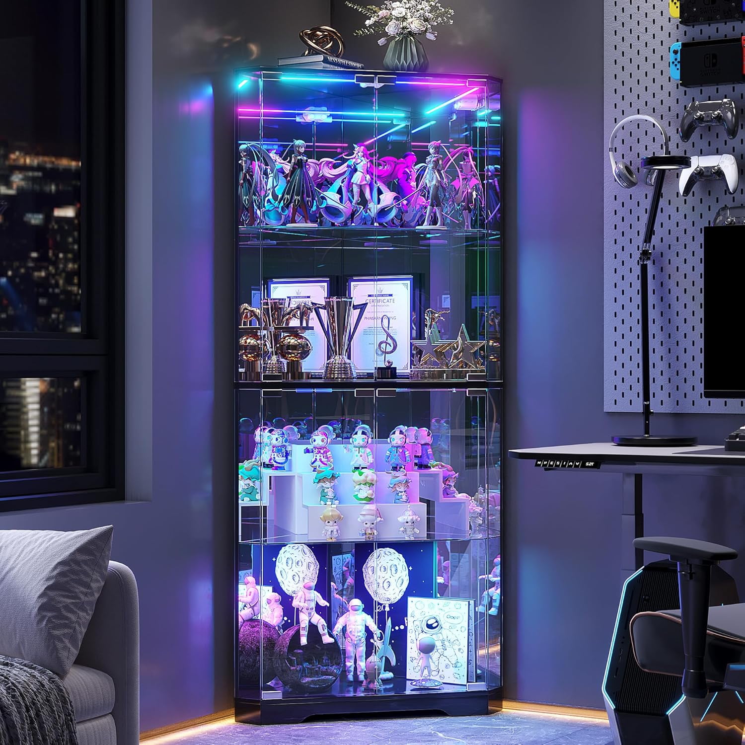 Corner Display Cabinet with Glass Doors, 64.7" Tall Curio Cabinet with ...