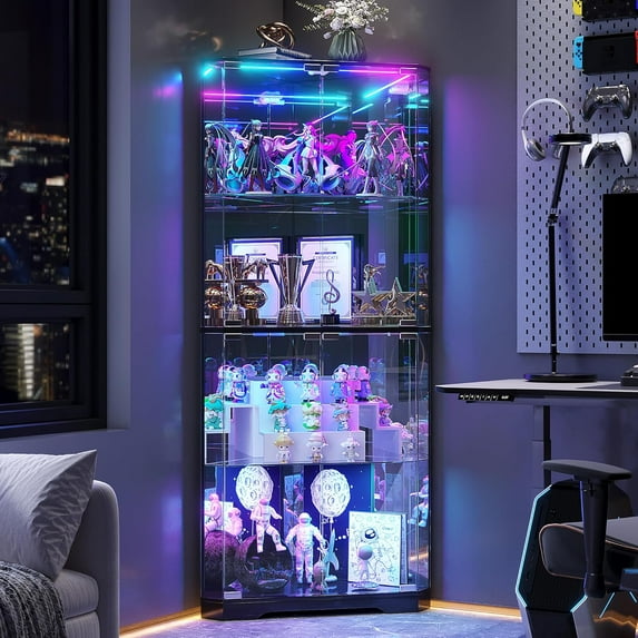 Corner Display Cabinet with Glass Doors, 64.7" Tall Curio Cabinet with ...