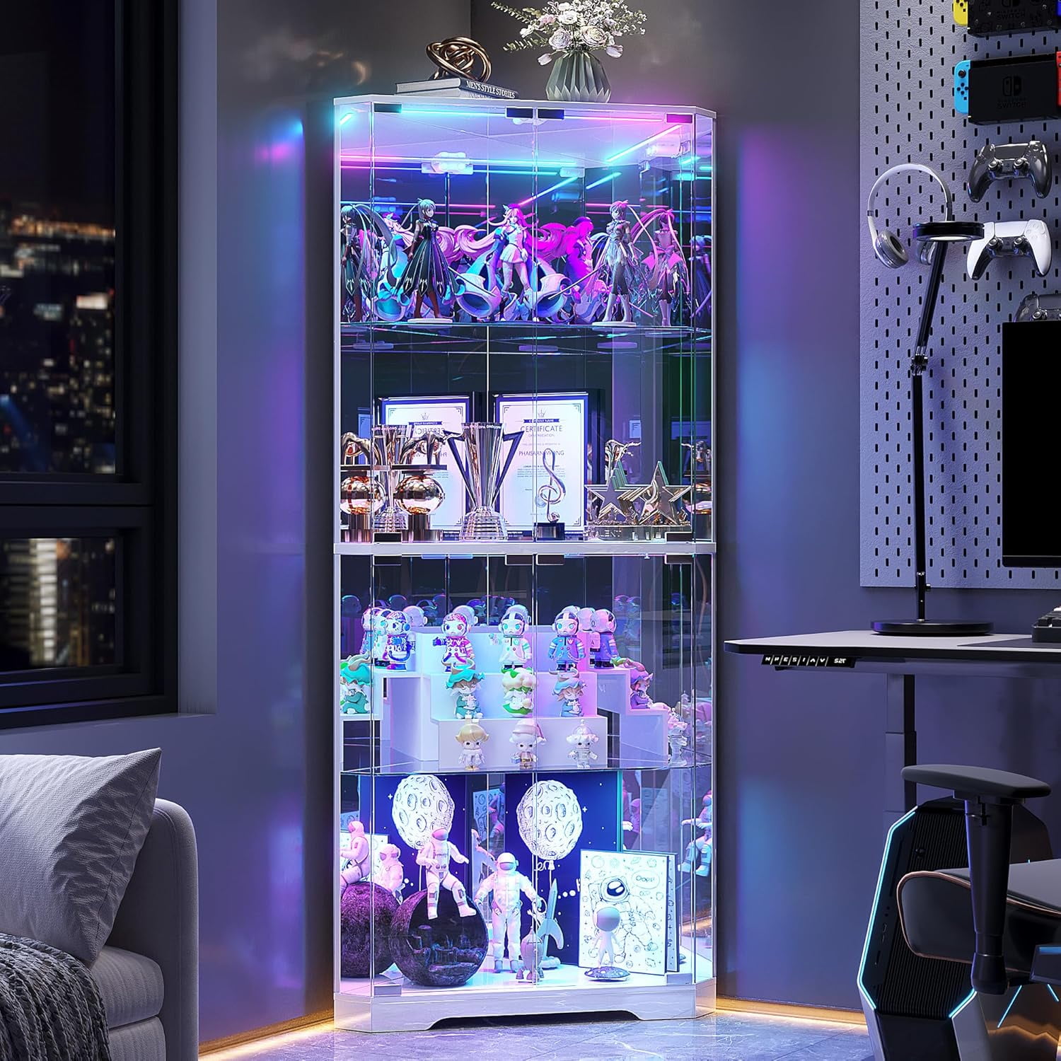 Corner Display Cabinet with Glass Doors, 64.7" Tall Curio Cabinet with ...