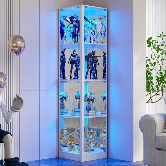 Display Cabinet with Glass Doors 4 Tier Glass Display Case with RGB LED ...