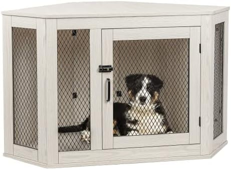 Corner Dog Crate Furniture, 44 Inch Wooden Dog Kennel End Table with ...