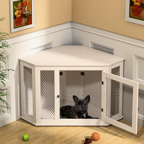 Corner Dog Crate Furniture, 44" Wooden Dog Kennel Furniture End Table ...