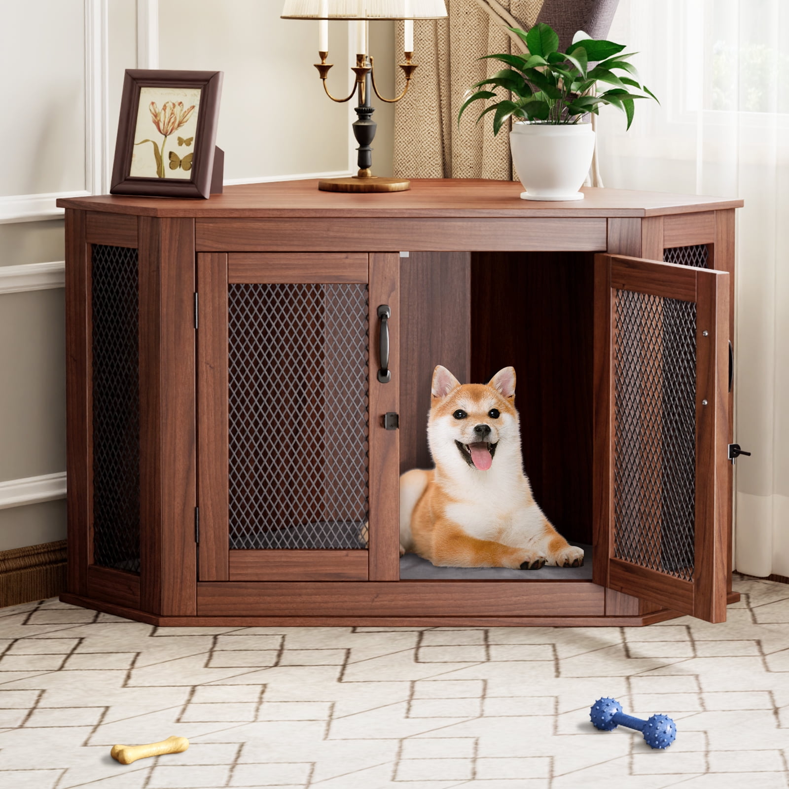 Corner Dog Crate Furniture, 52" Wooden Dog Crate Kennel with Cushion ...